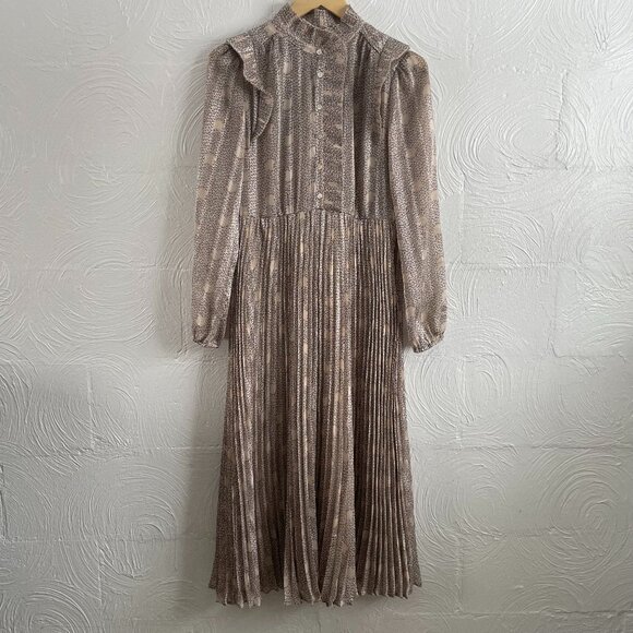 ba&sh | Dresses | Bash Pleated Midi Sheer Dress With Ruffles Metallic ...